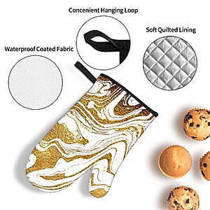 AOYEGO Golden Swirl Oven Mitts and Pot Holders Set of 3 Japanese Marble White Gold Brush Kitchen Heat Resistant Gloves Pad for Cooking BBQ