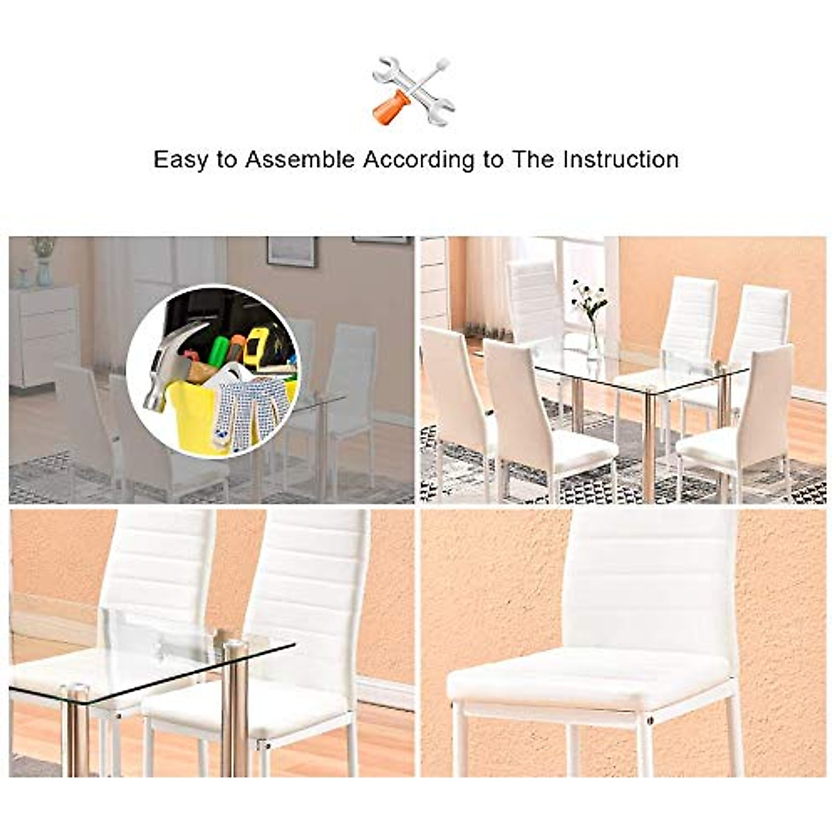 4HOMART Yvonne&F.L.A.M. 7PCS Dining Table and White Chairs Set Glass Dining Kitchen Table Set Modern Tempered Glass Top Table and White PU Leather Chairs