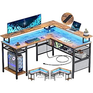 Unikito L Shaped Desk with LED Light and Power Outlet, Reversible Corner Computer Table with Monitor Stand and Storage Shelf, Modern L- Shaped Gaming Desk, Ergonomic Home Office Desk, Rustic Brown