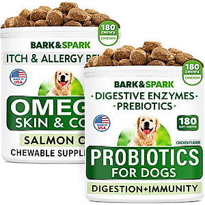 Dog Probiotics Chews + Omega 3 for Dogs Bundle - Gas, Diarrhea, Constipation, Upset Stomach Relief + Allergy and Itch Relief - Digestive Enzymes + Prebiotics + Omega 3 - Skin and Coat Support