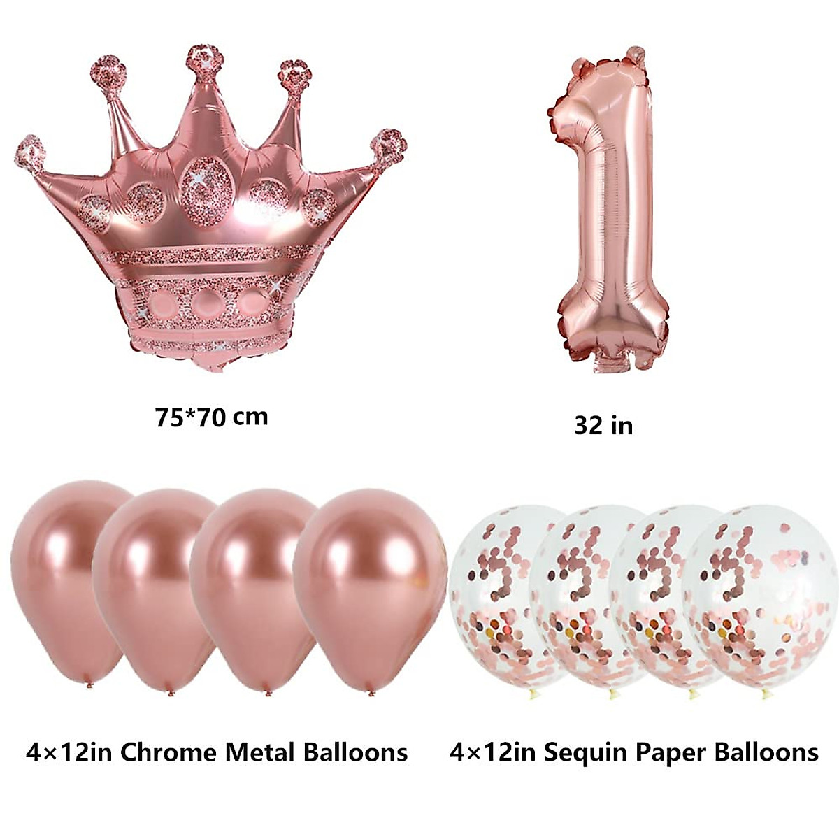 KUNGOON 1st Birthday Balloon,Rose Gold Number 1 Mylar Balloon,Funny Sweet 1st Birthday Crown Aluminum Foil Balloon Decoration for baby girl.
