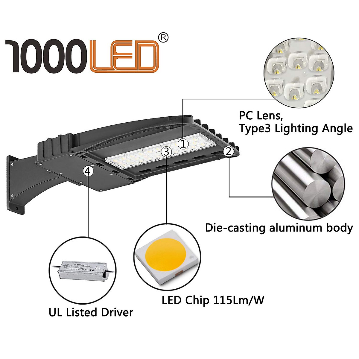 1000LED LED Shoebox Pole Light, 60W (200W Eq.) 8,765Lm, AC110-277V, Arm Mount, Daylight White 5000K, LED Parking Lot Light Outdoor Area Light