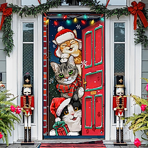 Deroro Christmas Cat Door Cover Decorations, Xmas Orange Cat Tabby Cat Tuxedo Cat Front Door Banner Background, Funny Winter Holiday Indoor Outdoor Home Decor Pet Lover Gifts 3 x 6 FT