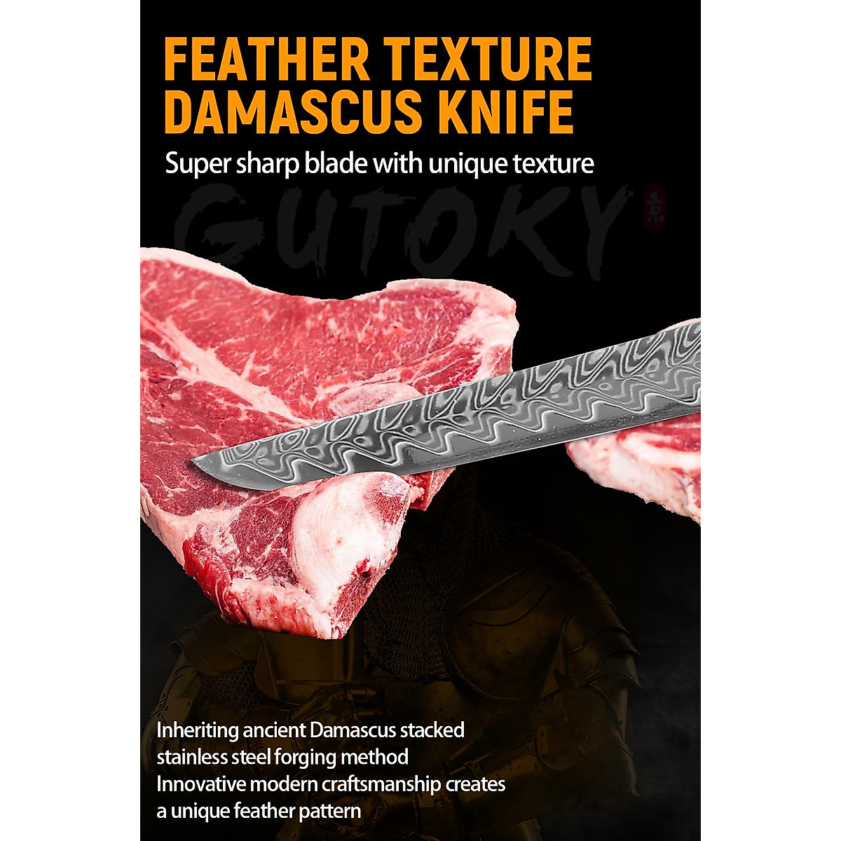 Gutoky 6 Inch Damascus Boning Knife, Feather Pattern Blade with G10 Handle, Japanese AUS10 Steel, Professional Kitchen Fillet Knife