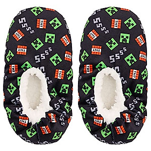 Minecraft Sock Slippers for Kids, Allover Creeper Video Game Print, Black, Size Large (1-4 Big Kid)