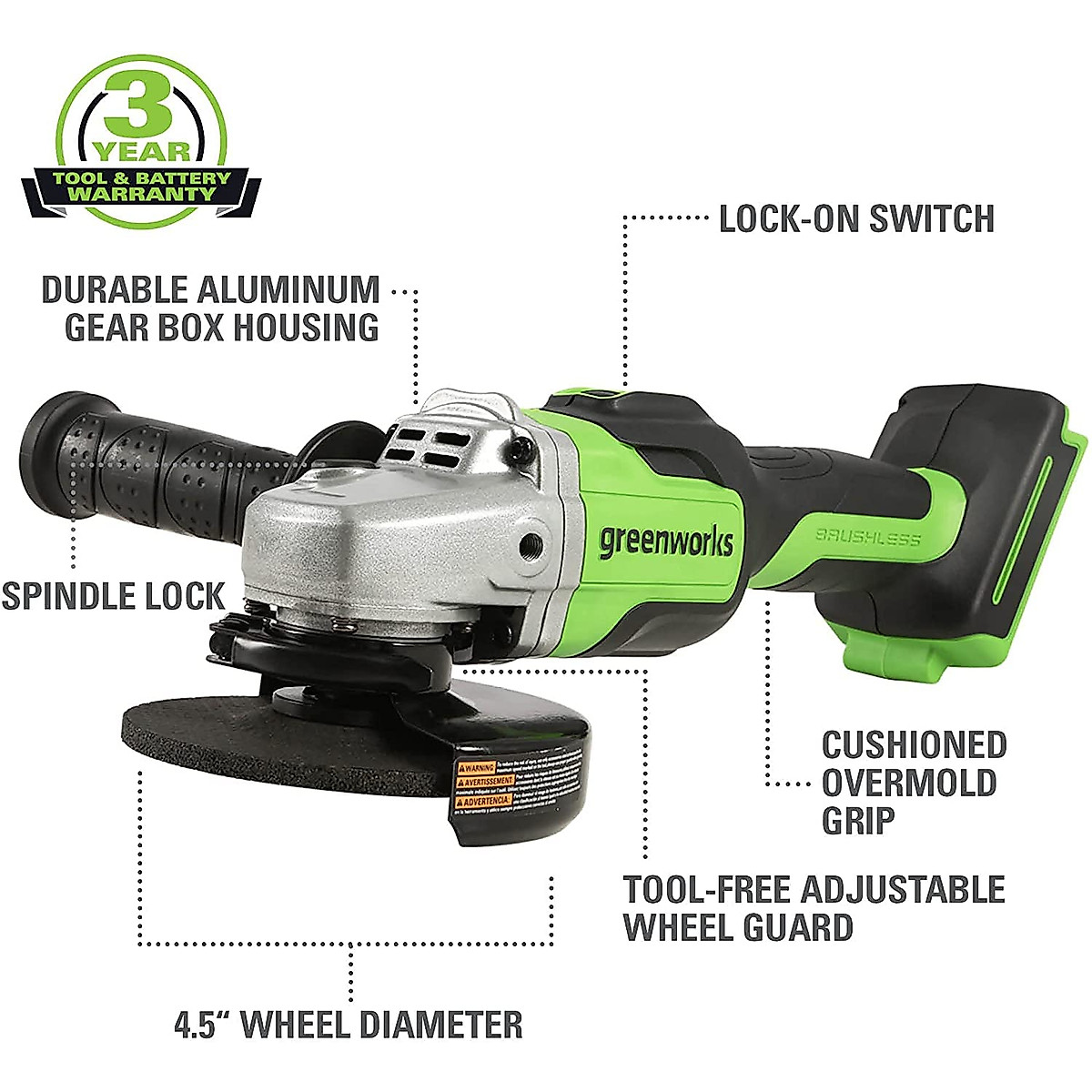 GreenWorks 24V Brushless Cordless 5" Angle Grinder, 10500rpm, 2-Position Auxiliary Handle, Electric Brake, Grinding Wheel, 2.0Ah USB Battery and Charger Included