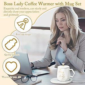 Hushee Lady Coffee Mug Warmer for Women 13.5 Oz Cup Warmer with Mug Set Electric Tea Water Warmer Appreciation Cup Heater with Lid Spoon and Coaster for Desk Office Home Birthday Gifts (White)