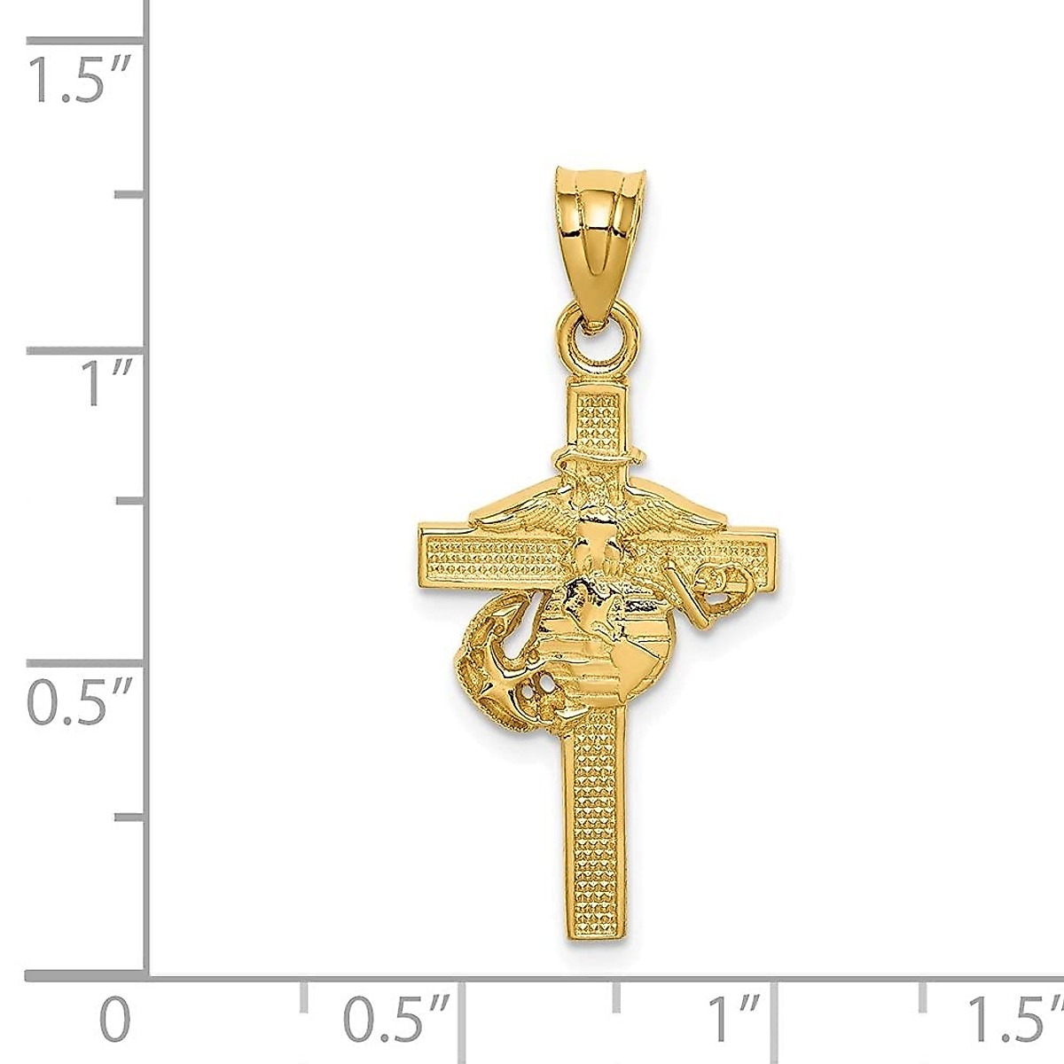 Diamond2Deal 14K Yellow Gold Marine Corps Religious Crucifix Cross Pendant Fine Jewelry for Women (L- 30 mm W- 15 mm)