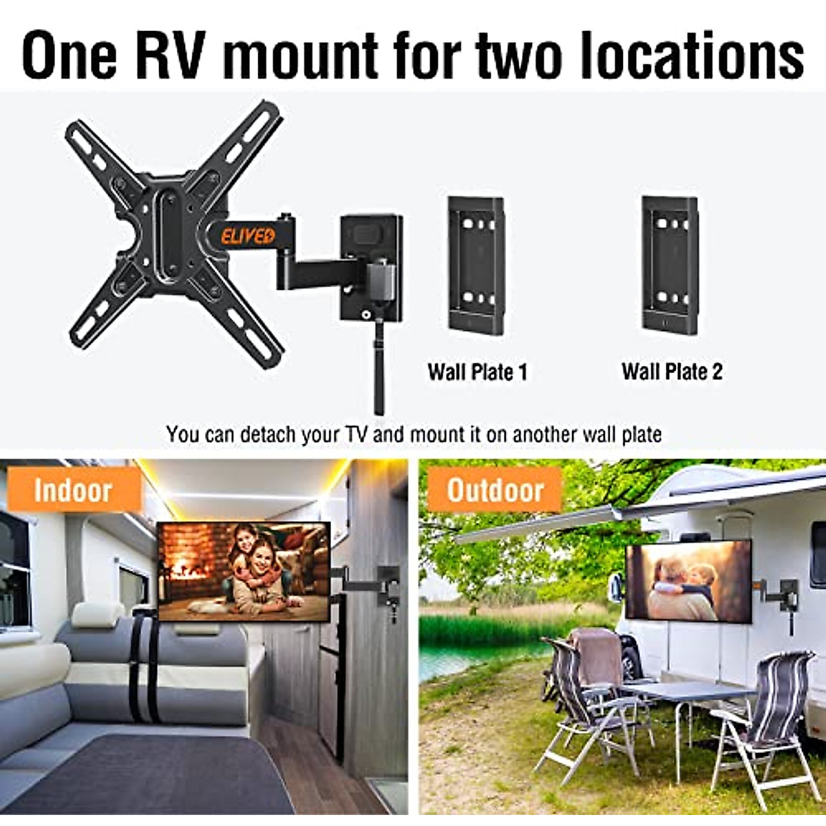 ELIVED Lockable RV TV Mount for Most 13-43 Inch TVs, RV TV Wall Mount Swivel and Tilt for Camper Trailer Motorhome, Detachable TV Bracket with Double Wall Plates, Max VESA 200x200mm, up to 22LBS