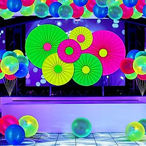 31 Pieces Glow Neon Party Supplies UV Reactive Set Fluorescent Hanging Paper Fans Black Light Glow Balloons Neon Paper Fans and Balloons Party Decorations for Glow Parties Birthdays Weddings