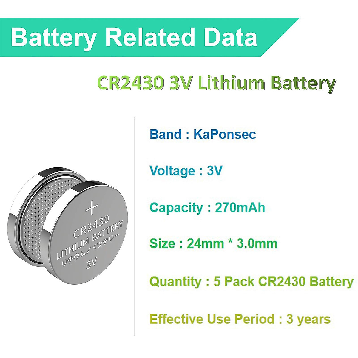 KaPonsec 5 Pack CR2430 ECR2430 Lithium 3-Volt Coin Cell Batteries