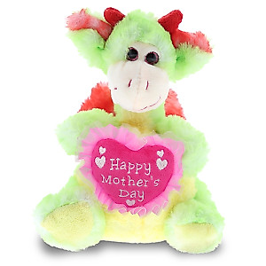DolliBu Happy Mother's Day Super Soft Plush Dragon Doll Figure - Cute Stuffed Animal with Pink Heart Message for Best Mommy, Grandma, Wife, Daughter - 8" Inches