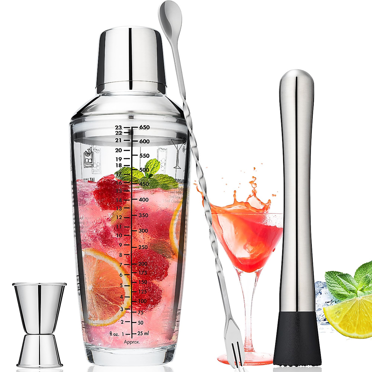 Tiawudi 23oz Glass Cocktail Shaker Set, 4PCS Bartender Kit, Martini Mixer Shaker with Built-in Strainer, Measuring Jigger, Cocktail Muddler & Mixing Spoon, Bar Tool Set for Bartender and Home Use
