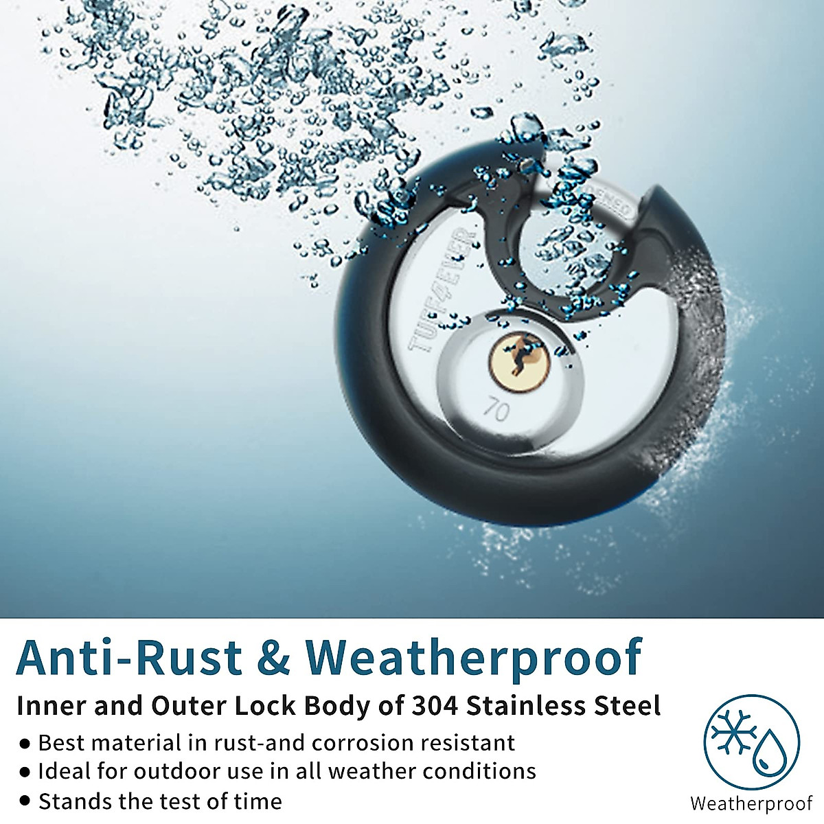 Tuff4ever 70mm Disc Padlock with Stainless Steel 3/8-Inch Shackle Heavy Duty Lock Round Outdoor Lock Storage Unit Lock Black Rubber Bumper with 3 Keys