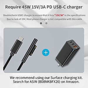 Sisyphy Metal Braided Surface Connect to USB-C Charging Cable (Bright Black 5ft), Compatible for Microsoft Surface Pro7 Go2 Pro6 5/4/3 Laptop3/2/1, Works with 45W 15V3A USBC Charger Power Supply