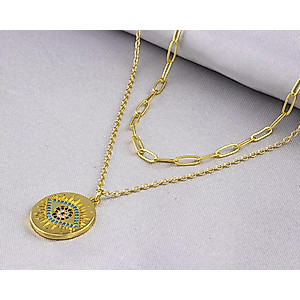 WDSHOW Layered Paperclip Choker Evil Eye Pendant Necklaces Gifts for Women (A style)