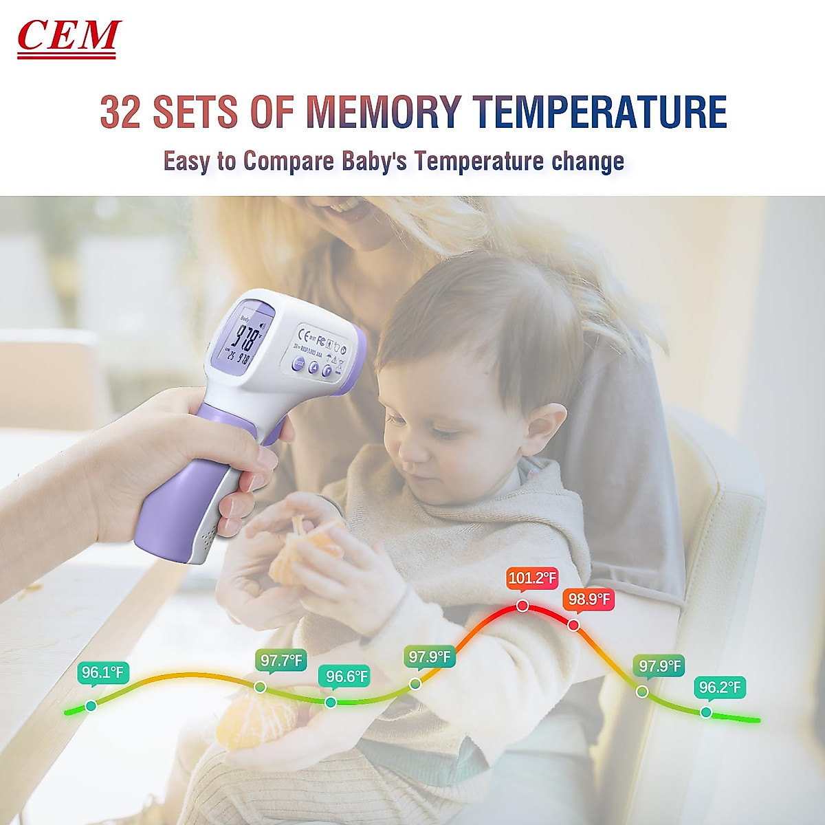 CEM DT-8806 Digital Thermometer for Adults and Kids, No Touch Forehead Thermometer for Baby, 2 in 1 Body Surface Mode Infrared Thermometer with Fever Alarm and Instant Accuracy Readings, Purple