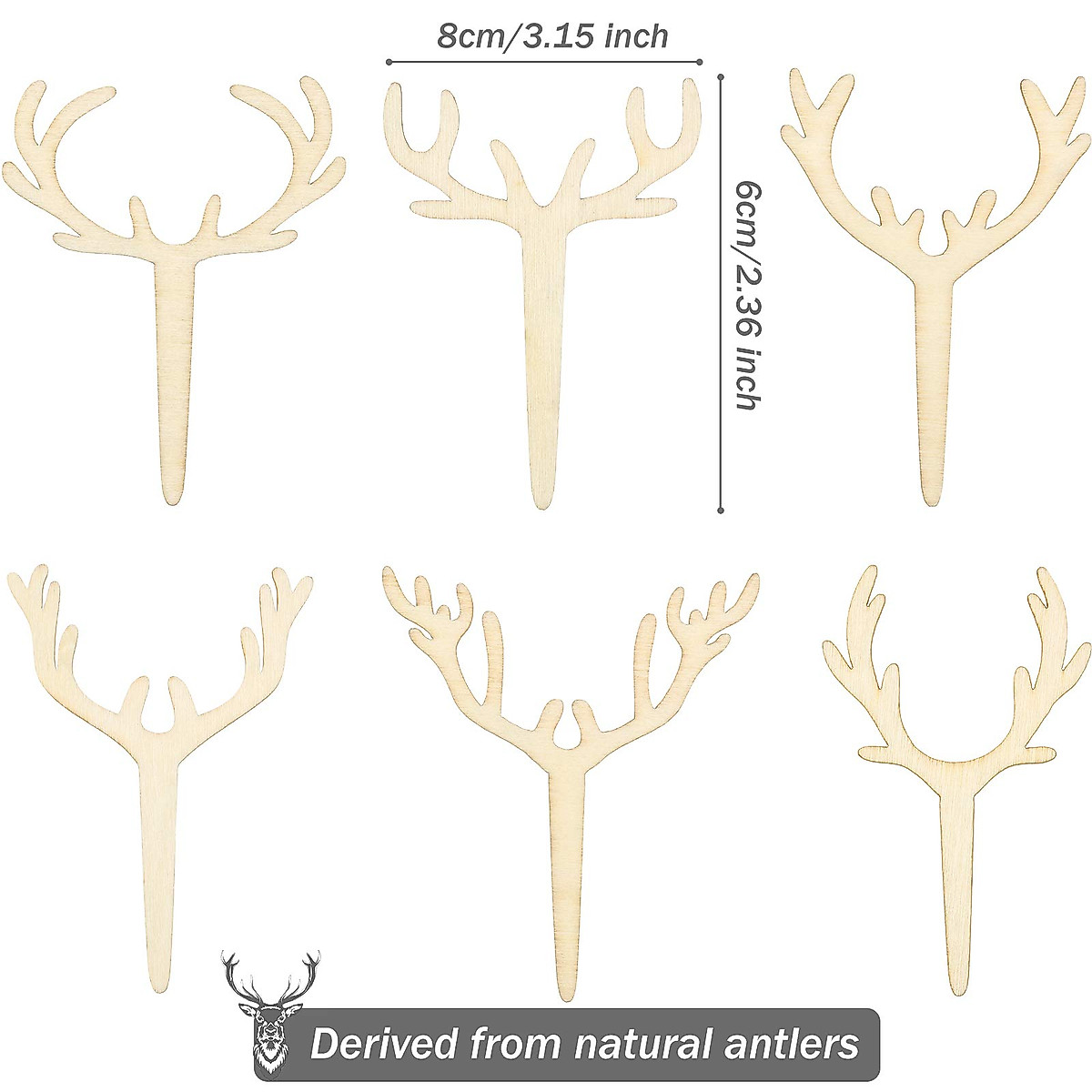 30 Pieces Antler Cupcake Toppers Wooden Reindeer Cake Topper Christmas Deer Cake Picks for Baby Shower Wedding Hunting Rustic Birthday Party Favors, 6 Styles