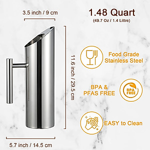 Water Pitcher Stainless Steel Serive Tool Food Grade for Restaurant, Home, Hotel, Jug with Ice Guard and Handle, Perfect for Cold Water, Iced Tea, Coffee, Juice or Cold Beverages - 49 Oz / 1.4 Littre