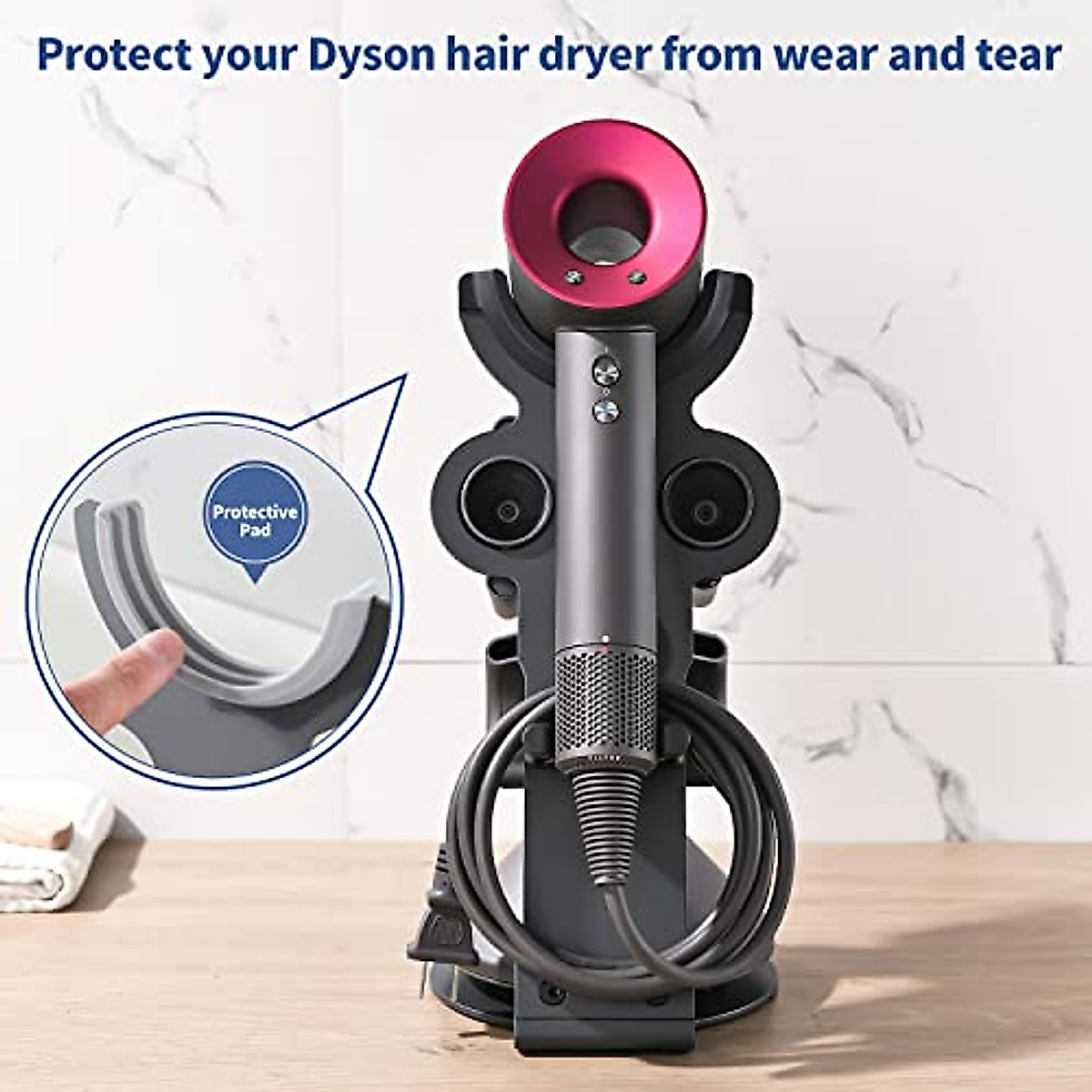 Hair Dryer Stand for Dyson Supersonic Hair Dryer, Dyson Hair Dryer Holder Rack with Power Plug Hair Dryer Attachments Organizer for Dyson Accessory Bathroom Blow Dryer Holder Hair Care Tools Black, UEMUSI