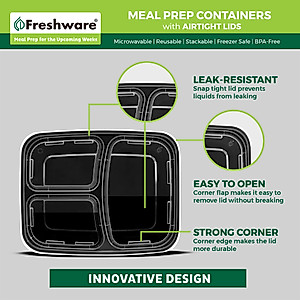 Freshware Meal Prep Containers with Lids [15 Pack] 3 Compartment, Food Storage Containers, Bento Box, BPA Free, Stackable, Microwave/Dishwasher/Freezer Safe (32 oz)