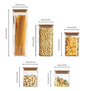 XHKDSYMC 5 Pack Glass Food Storage Jars, Clear Glass Canister Food Jar with Bamboo Wooden Lid Food Storage Container for Sugar, Pasta, Snack, Coffee Beans, Cookies, Nuts, Coffee Beans