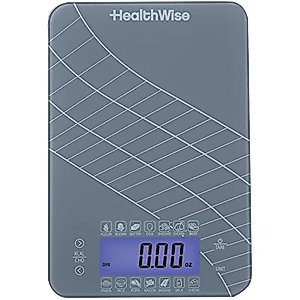 HealthWise Digital Kitchen Food Scale with Calorie & Carb Calculator Tempered Glass | Precision Measurements | Unit conversions: oz, lbs, g, ml | 14 pre-Set Foods, Gray (59-106)