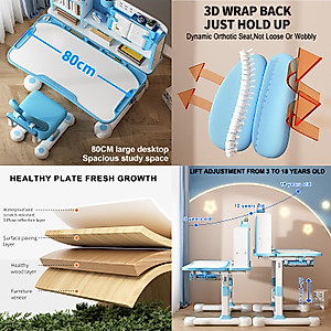 Small Desk, Kids Study Desk Chair Set, Height Adjustable Children School Study Table Chair Set with Sitting Corrector, Ergonomic Desk Chair with Book Stand, Foot Pedal, Partition Design (Pink1)