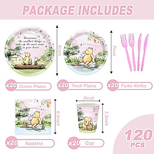 Pink Winnie Baby Shower Party Supplies Classic Bear 1st Party Decorations for Kids Girls Birthday Neutral the Pooh Themed Plates Napkin Cups Disposable Tableware Set Serves 20 Guests