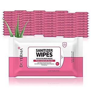 Dr. YERMA Hand Wipes with Aloe Vera & Extra Moisturizers, 80 Packs of 20 (1600 wipes), Travel Size, Vegan Flower Scented, 80 Packs