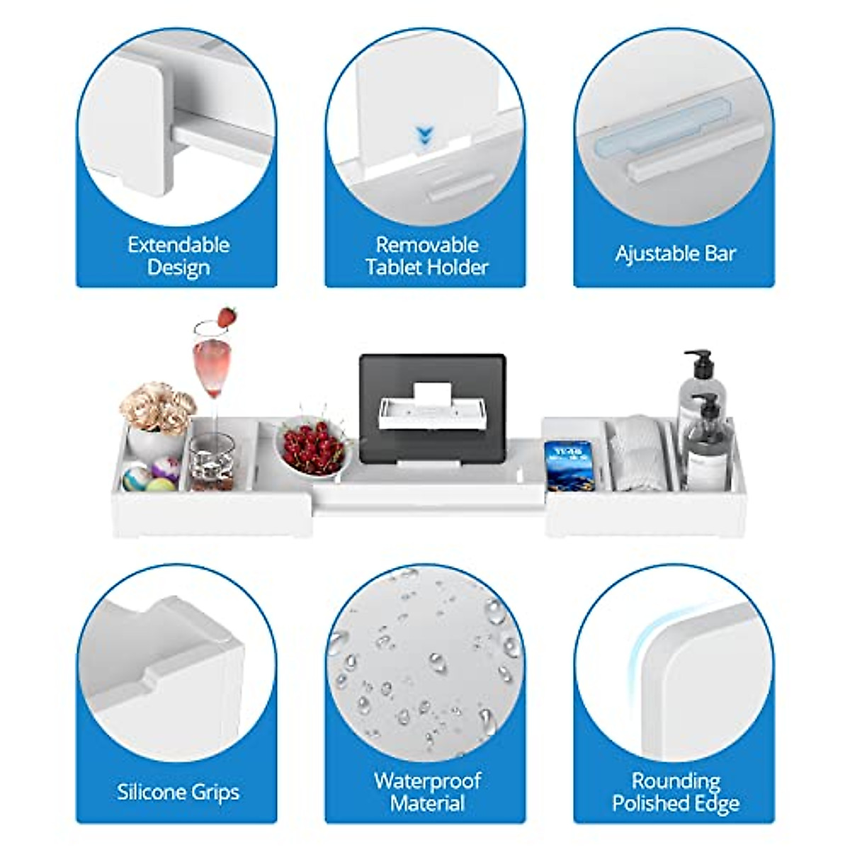 WINFFOR Acrylic Bathtub Tray, Expandable Bathtub Caddy, 1 or 2 Person Bath Tray, Luxury Bath Caddy Adjustable Bath Tub Table Caddy (White)