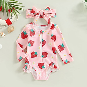 MERSARIPHY Toddler Baby Girl One-Piece Swimsuit Zipper Long Sleeve Swimsuit Girls Bathing Suit Rash Guard Beachwear (Strawberry Flower, 9-12 Months)