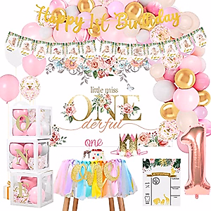 PYCALOW First Birthday Decorations Girl - 1st Birthday Girl Decorations Include Balloon Garland Arch, Box, Backdrop, Hat, Banner, High Chair Banner, Poster, Topper, Baby Girl 1st Birthday Decorations