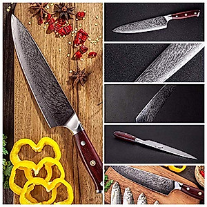 FANTECK Chef Knife 8 Inch Professional Damascus Chef Knife High Carbon 67 Layers VG-10 Damascus Knife Stainless Steel Ultra Sharp Blade Kitchen Meat Cutting Knife [Gift Box]-Ergonomic Rose Wood Handle