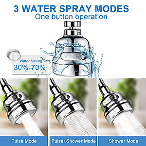 Sink Faucet Attachment, Movable Kitchen Faucet Head 360° Rotatable Faucet Sprayer Head Replacement Water Saving Faucet Extender,Anti -Splash,3 Modes, Chrome Faucet Head for Kitchen and Bathroom