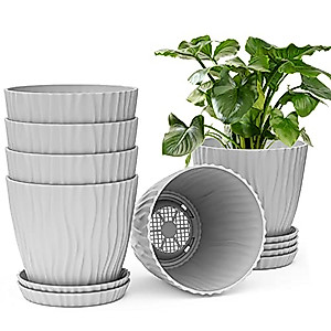 Whonline Plastic Flower Pots, 6 Pack, 7 Inch Gray Pots for Planting with Drainage Holes and Saucers, Decorative Flower Pots for Indoor Plants Outdoor Clearance