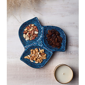 Lemose Leaf Shaped Decorative Ceramic Appetizer Plate - 3 Compartment Snack Tray Floral Pattern Serving Platter Cute Blue Divided Plates Embossed Dinnerware Bowls Dish for Fruits, Dips