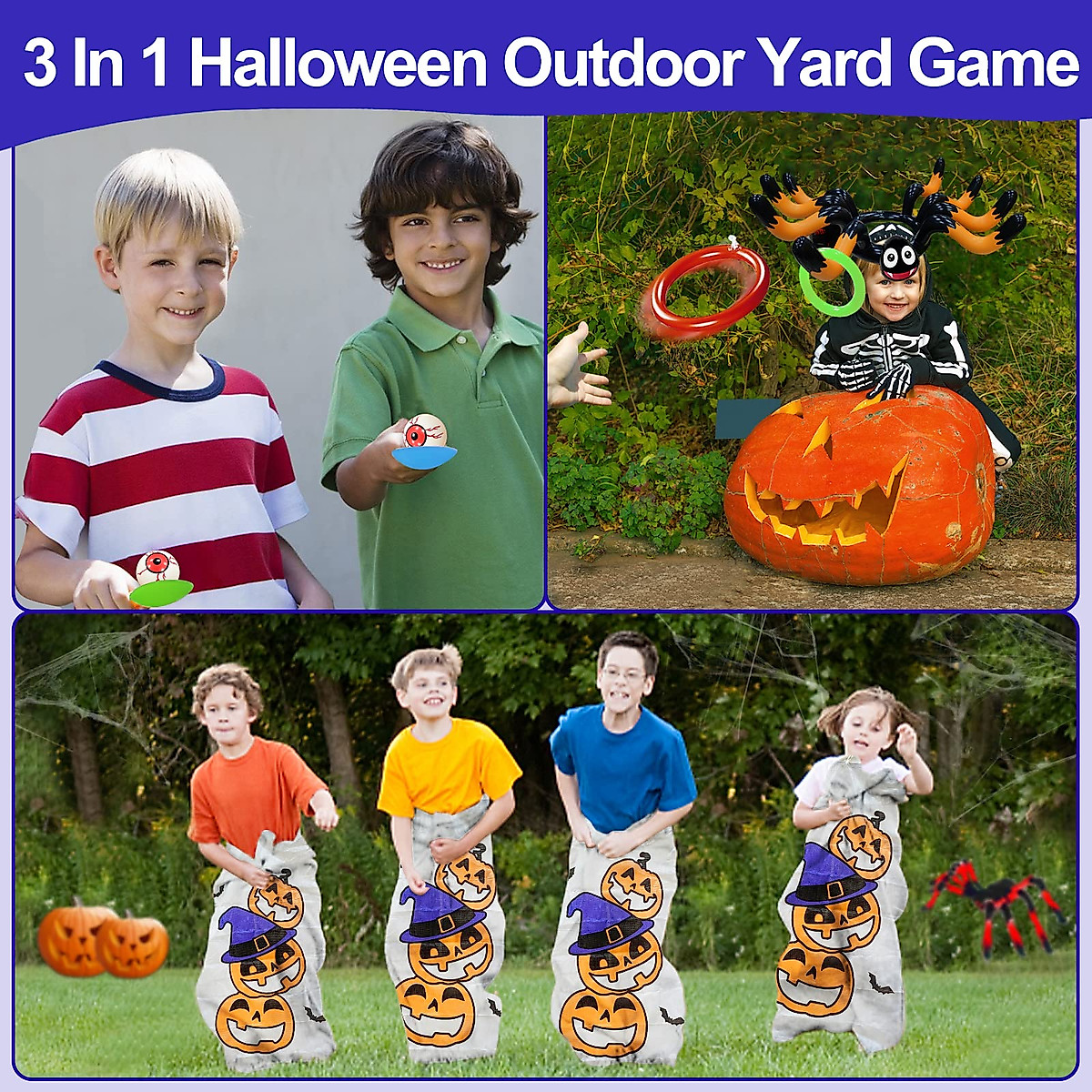 17 Pcs Halloween Party Games, 4 Potato Sack Race Bags, Inflatable Spider Ring Toss Game, 4 Eyeballs and Spoon Race Game for Kids Family Adults 4 Players Halloween Party Favor Decor Outdoor Indoor Yard