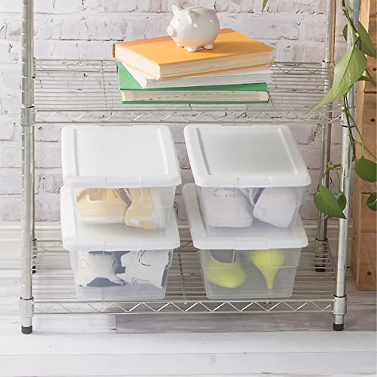 Sterilite 6 Quart Clear Plastic Stackable Storage Container Bin Box Tote with Snap-Close White Lid Organizing Solution for Home & Classroom, 36 Pack