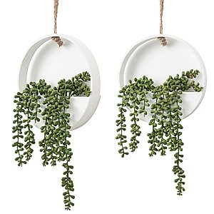 CEWOR 2pcs Artificial Hanging Succulent Plants, Fake String of Pearls in Pot with Lanyard Boho Wall Decor for Bathroom Living Room Home Indoor Outdoor Decorations, White