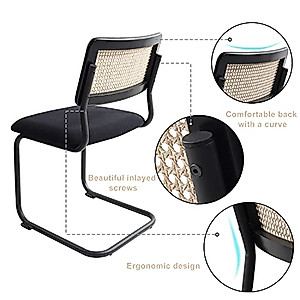 GrandNoor Rattan Dining Chairs,Wooden Mid-Century Modern Kitchen Chairs, Armless Mesh Back Cane Chairs, Upholstered Boucle Chairs with Metal Chrome Legs, Set of 2 (Black, 2PCS-Dining Chairs)