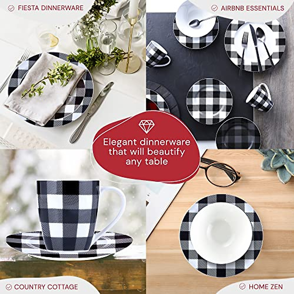 Winter Frost White, Black Modern Kitchen Dinnerware Sets, Indoor and Plates, 16-Piece Plaid Kitchen Plates and Bowls Set with Mugs, Dishwasher Safe