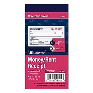 Adams Money and Rent Receipt, 2-3/4 x 5-3/8 Inches, 2-Parts, Carbonless, White/Canary, 50 Sets per Book, 3 Books (DC2501-3)
