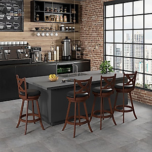 Giantex 30” Bar Stools Set of 2, 360° Swivel Counter Height Stools with Back, Solid Rubber Wood Frame, Leather Padded Seat, Vintage Upholstered Armless Farmhouse Barstools for Kitchen Island Home Bar