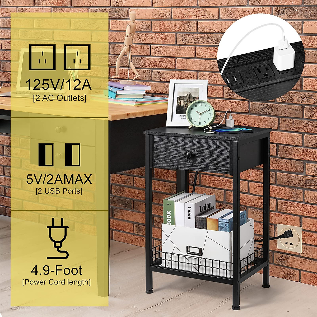 MOOACE Nightstand with Charging Station, Tall End Table with Drawer and Mesh Basket Storage Rustic Bedside Table for Bedroom,Living Room,Small Spaces - Black