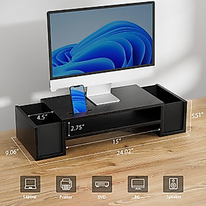 AMERIERGO Monitor Stand Desk Organization with DIY Storage Space, Monitor Riser Stand with Storage with 2 Slots & Phone Holder, Computer Stand 2 Tier for Home Office Use