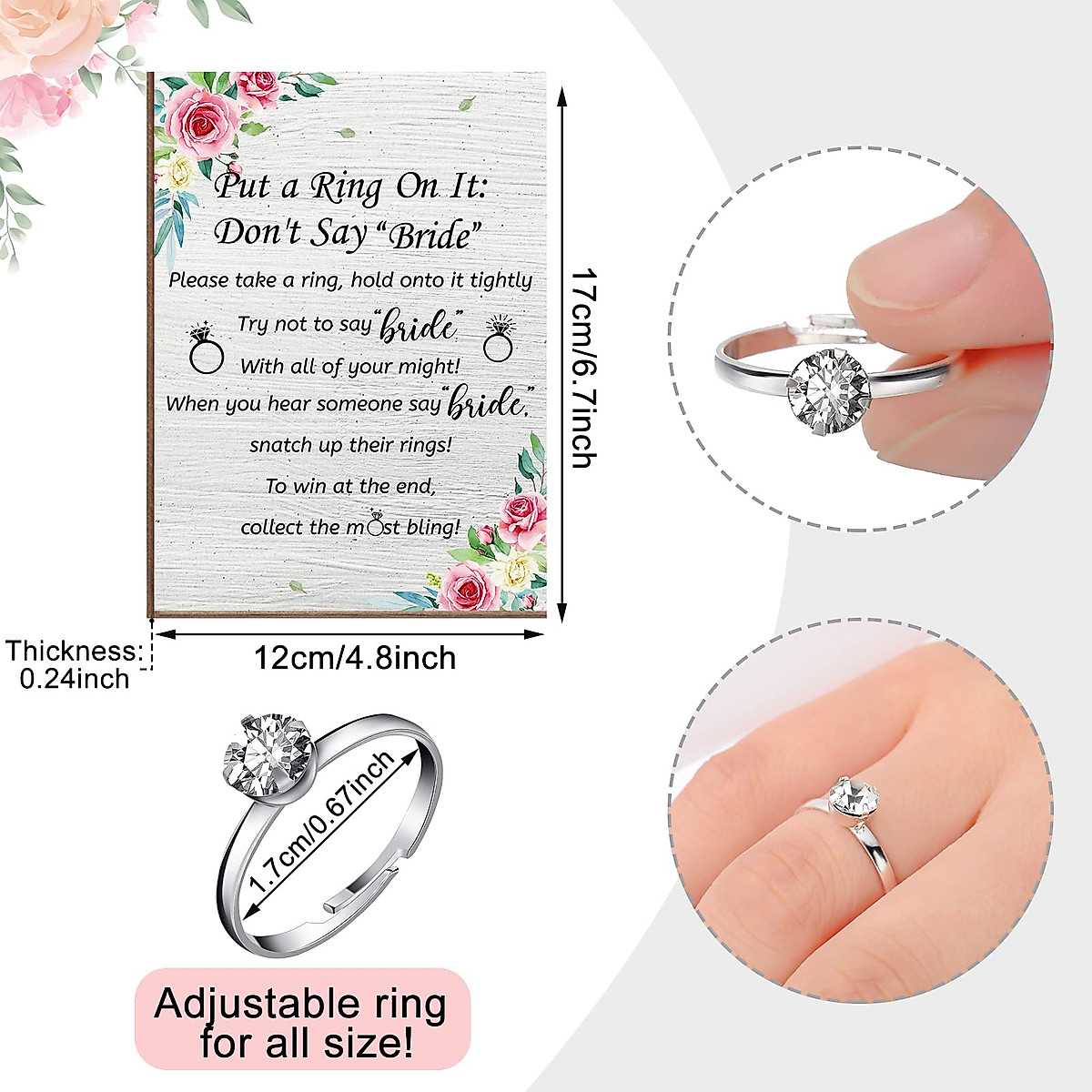 Tatuo Put a Ring on It Bridal Shower Game with 100 Pcs Fake Rings Metal Engagement Rings Rustic Greenery Theme Not Say Bride Rules Wooden Sign Bridal Shower Gifts for Guests(Silver)