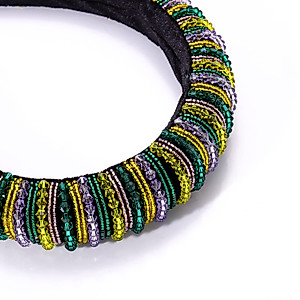 vokone Mardi Gras Beaded Headband Bejewelled Crystal Bead Padded Headband Statement Mardi Gras Costume Headwear Hair Accessory(Crystal Beaded A)