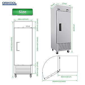 ORIKOOL 27"W Commercial Freezer Upright, -10℉ ~ 10℉ Stainless Steel Reach-in Freezer, 3 Adjustable Shelves, LED Lighting, 23 Cu.ft