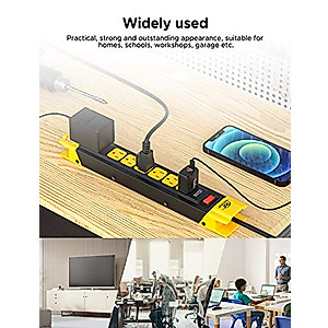 CRST 7-Outlet Heavy Duty Surge Protector Power Strip with Flat Plug, 9 feet Long Extension Cord for Home Garage Industrial Workshop, 1350 Joules, 15A Circuit Breaker